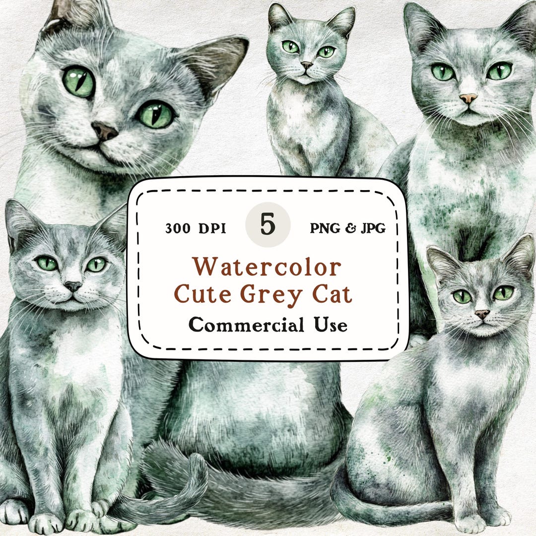 Cute Grey Cat Watercolor Clipart – 5 Illustration Set (digital Download ...