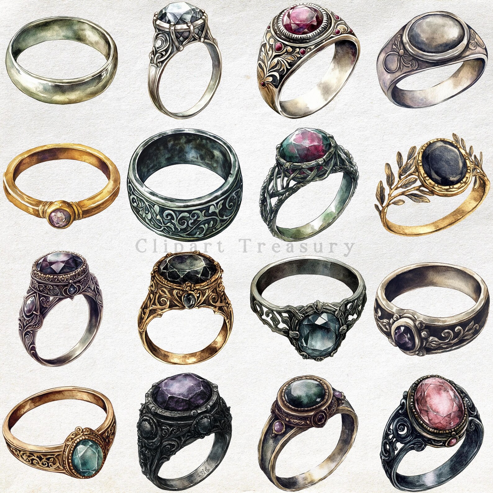 Watercolor Magical Rings Clipart – Fantasy Jewelry Graphics (digital ...
