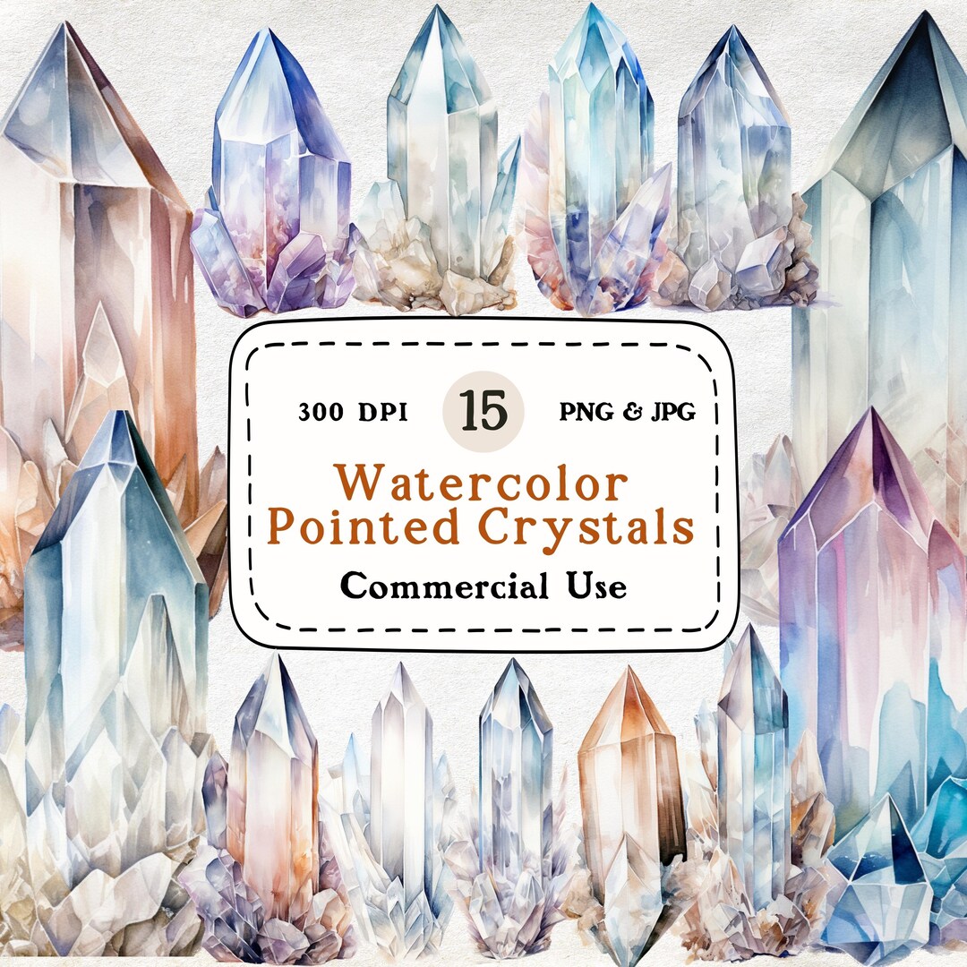 Pointed Crystals - 15 Watercolor Clipart Set, Crystal Clipart, Crystal ...