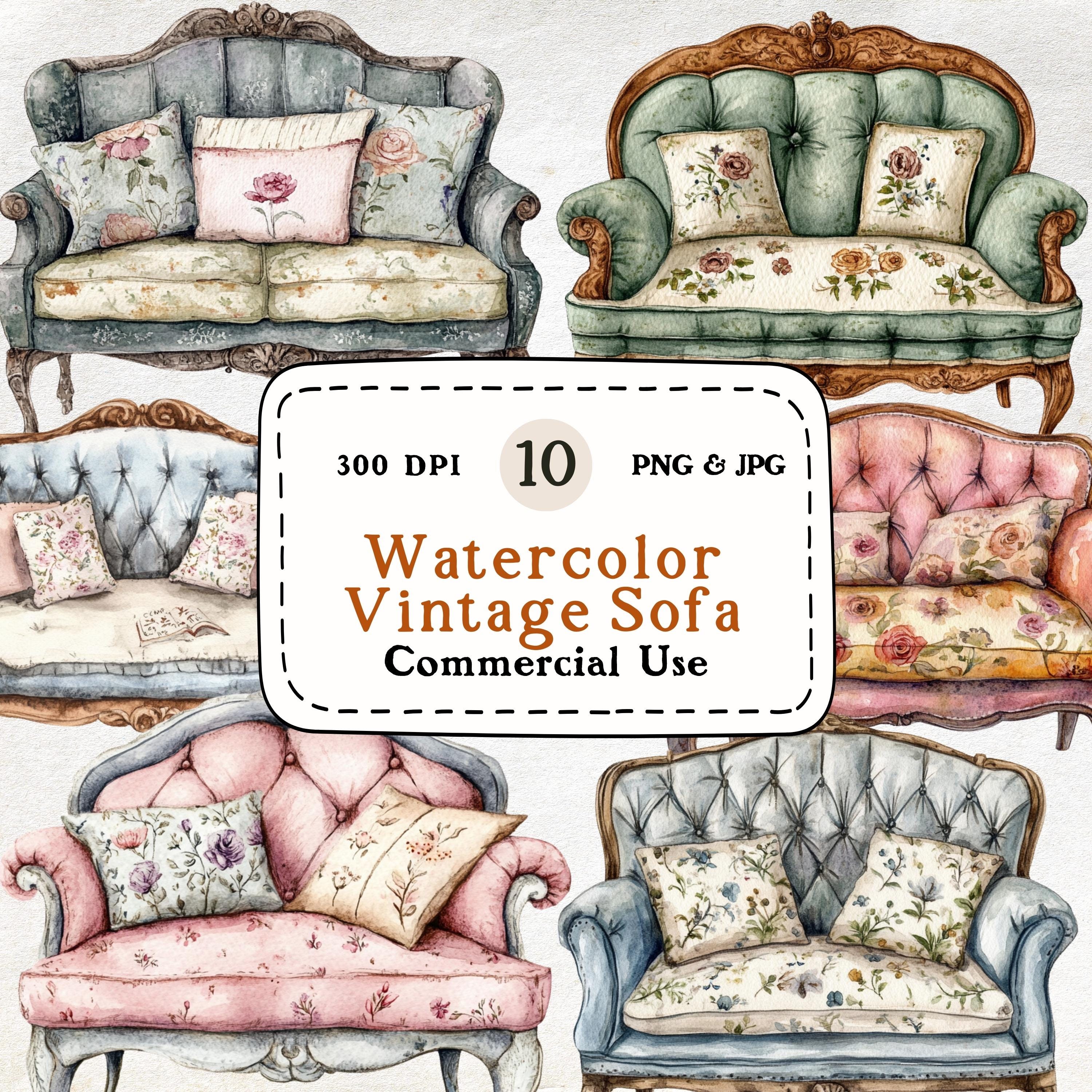 Vintage Sofa - 10 Watercolor Clipart Set, Furniture Clipart, Decor ...
