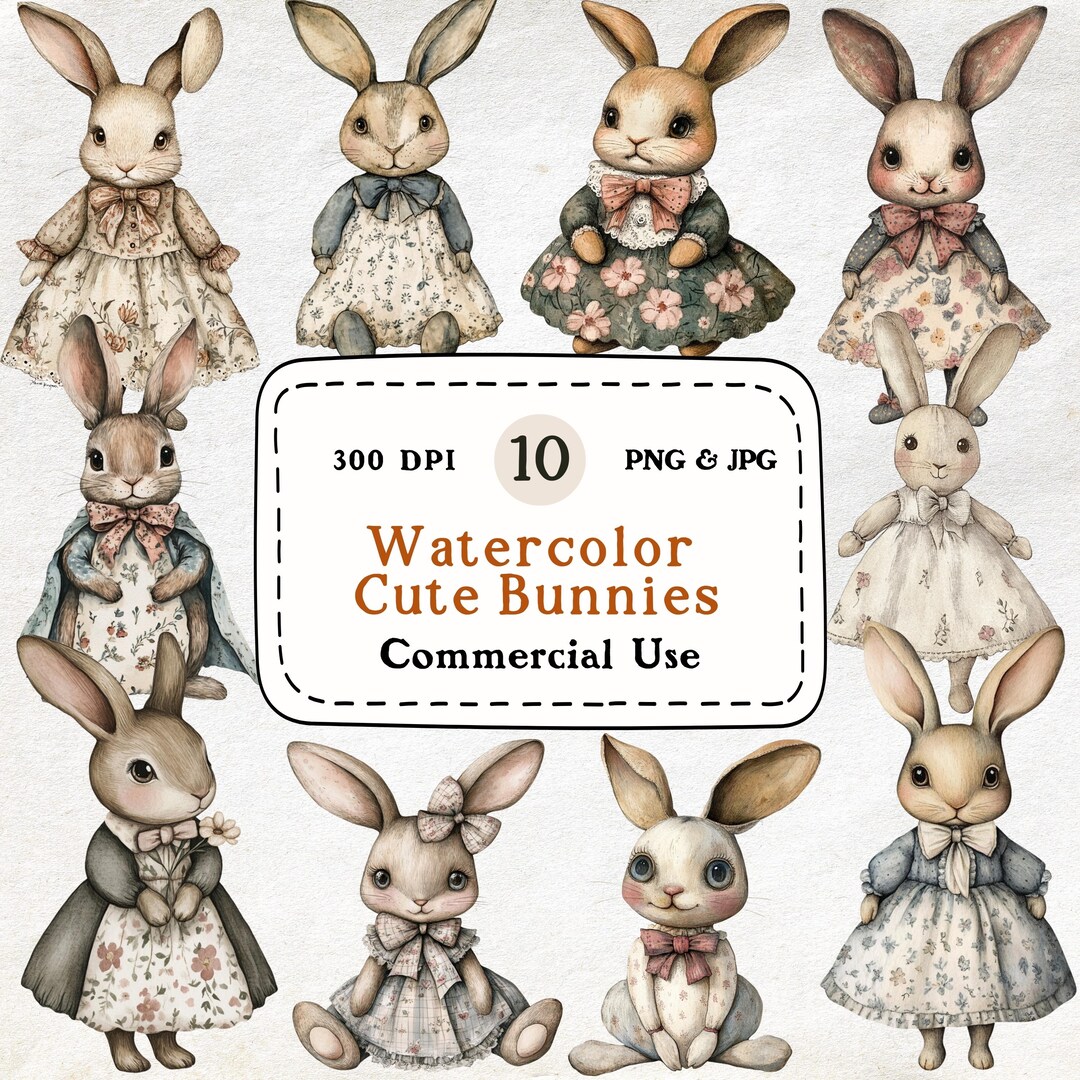 Cute Bunnies - 10 Watercolor Clipart Set, Cute Rabbit Clipart, Toy ...