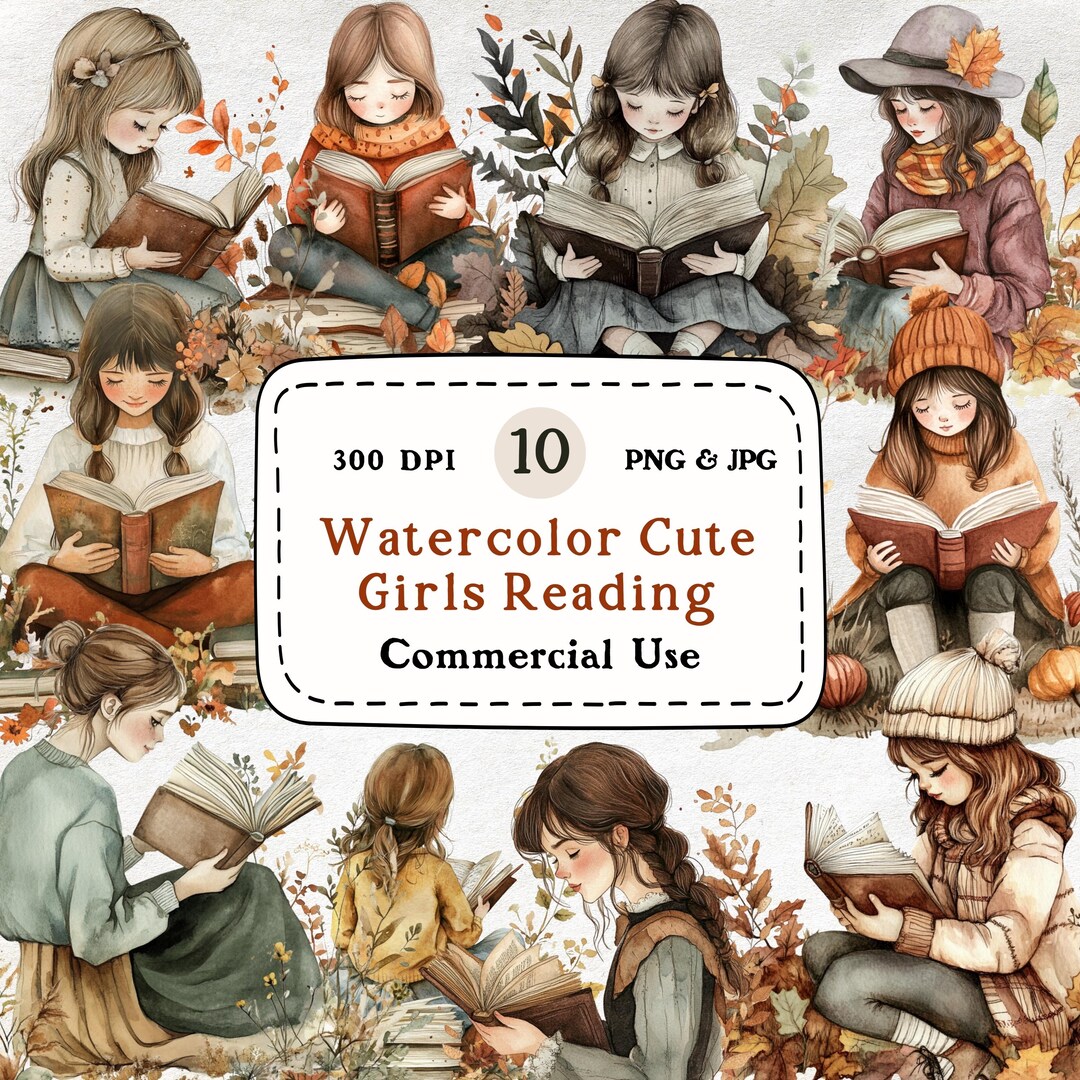 Girls Reading - 10 Watercolor Clipart Set, Reading Girl Clipart, Autumn ...