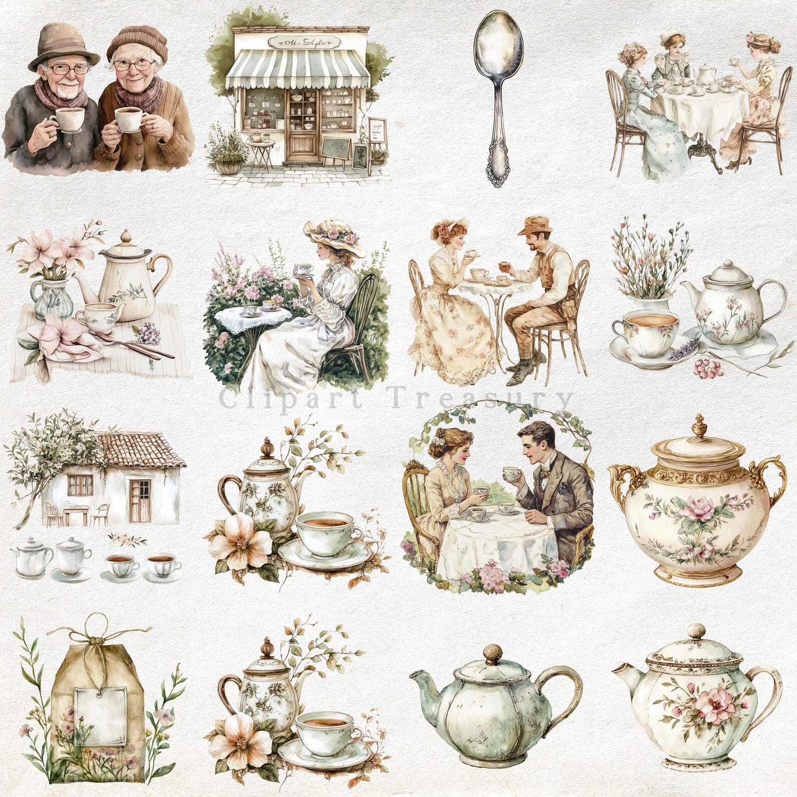 Time for Tea - 100 Watercolor Clipart Set, Tea Time Clipart, Tea Party ...