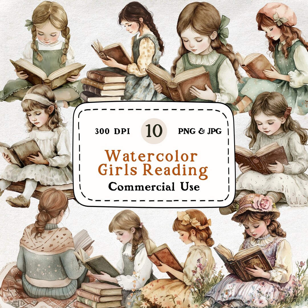 Girls Reading - 10 Watercolor Clipart Set, Reading Girl Clipart, Cute ...