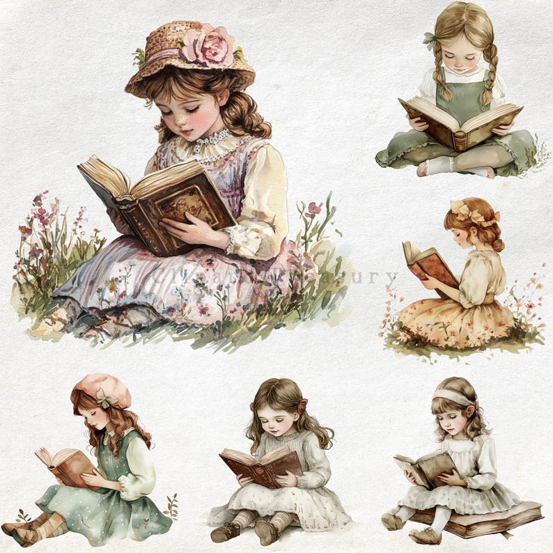 Girls Reading - 10 Watercolor Clipart Set, Reading Girl Clipart, Cute ...