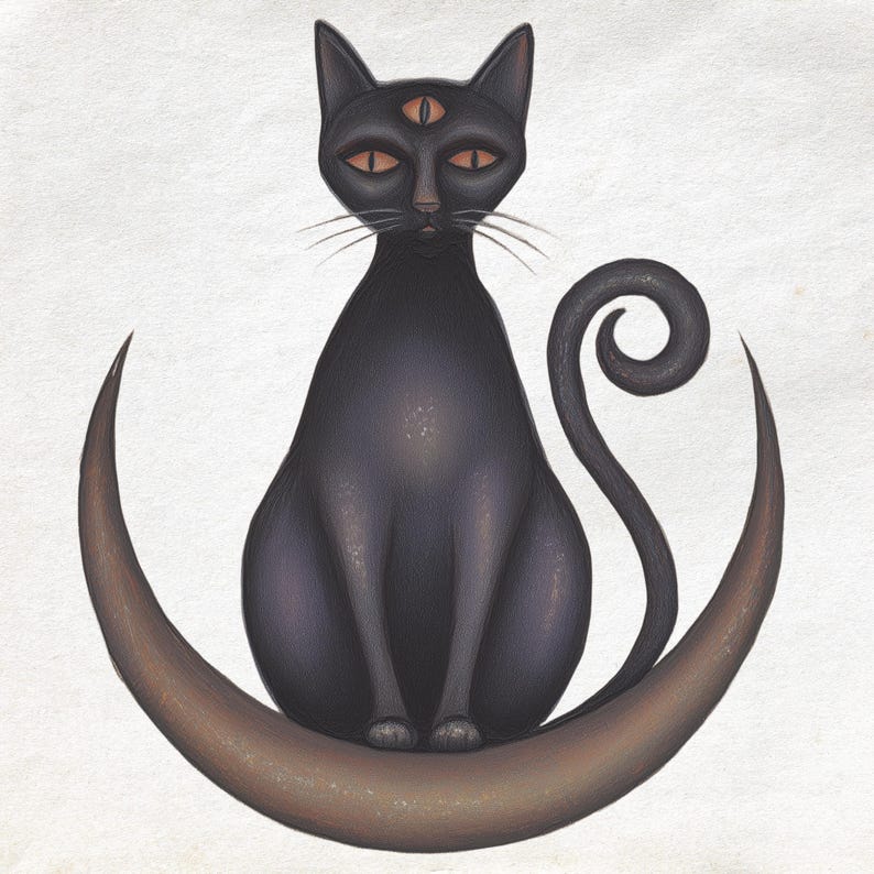 Occult Clipart, Mystical Witch, Third Eye Cat Illustration, Crescent ...