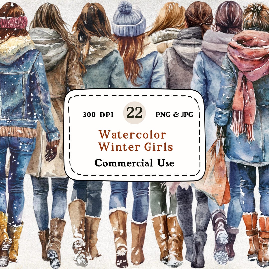 Watercolor Winter Girls Clipart – Back View, Commercial Use (digital ...