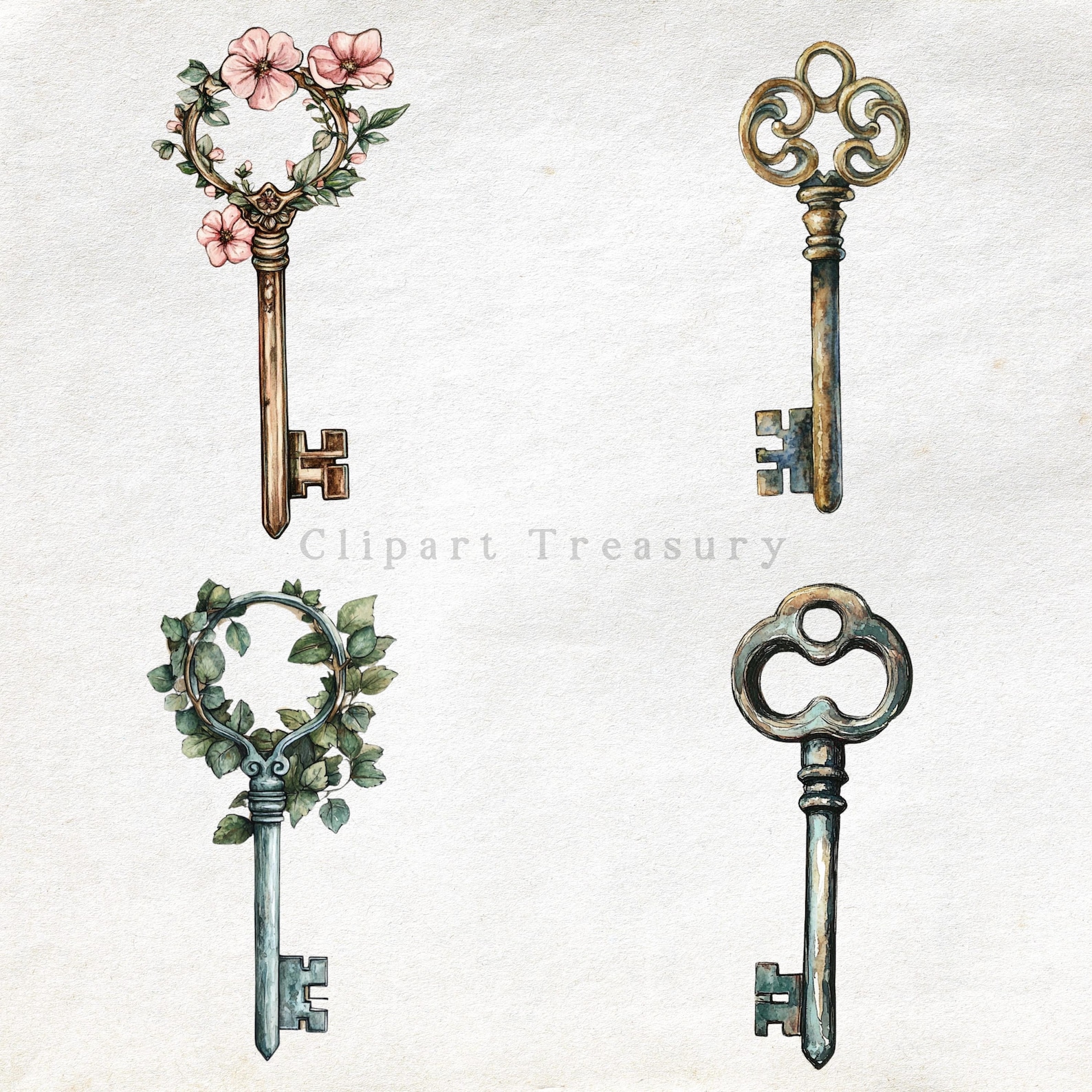 Vintage Keys - 10 Watercolor Clipart Set, Antique Key Illustration ...