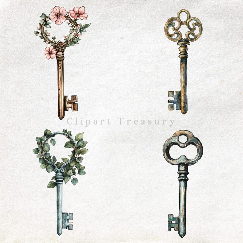 Vintage Keys - 10 Watercolor Clipart Set, Antique Key Illustration ...