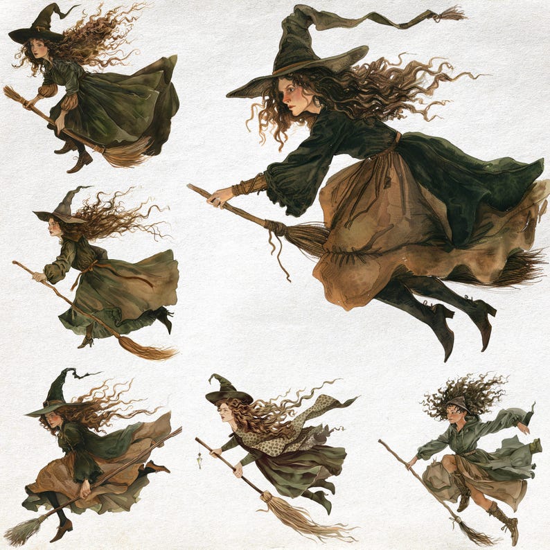 Flying Witches Watercolor Clipart Set – Mystic Witchcraft (digital ...