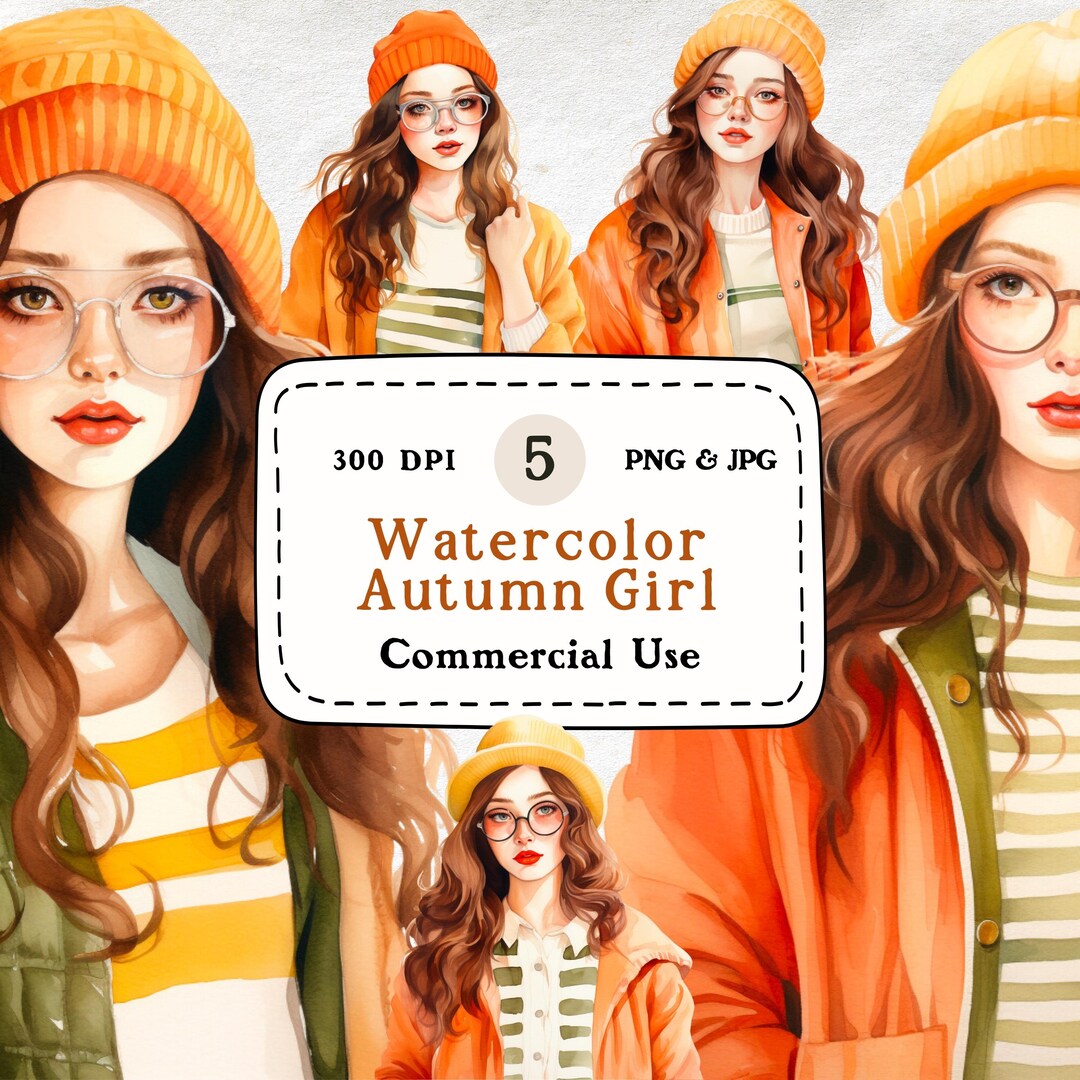 Cute Girl Portrait - 5 Watercolor Clipart Set, Autumn Girl PNG, Fall ...