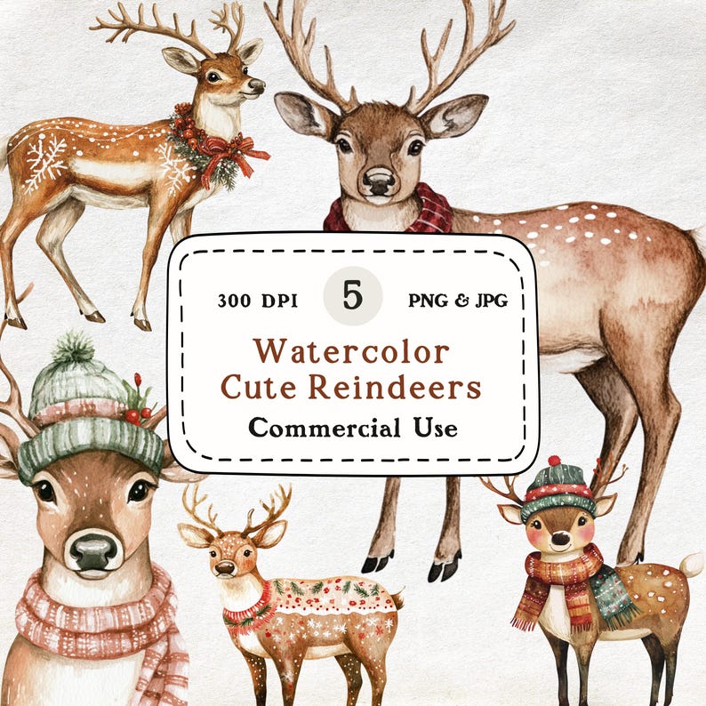Christmas Reindeers - 5 Watercolor Clipart Set, Reindeer Clipart ...