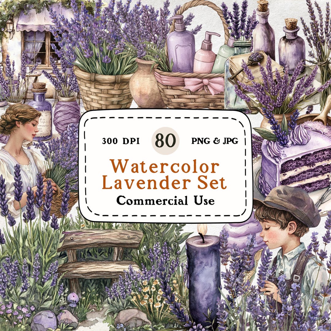 Lavender Bundle - 80 Watercolor Clipart Set, Flowers, Cosmetics ...