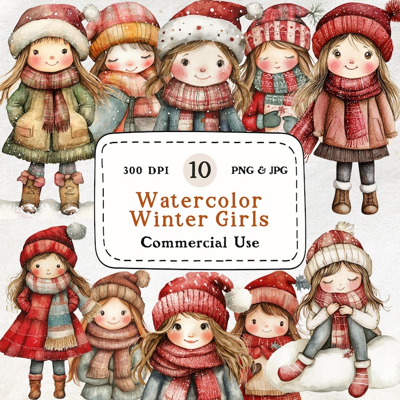 Winter Girls - 10 Watercolor Clipart Set, Cute Little Girls, Cozy Girl ...