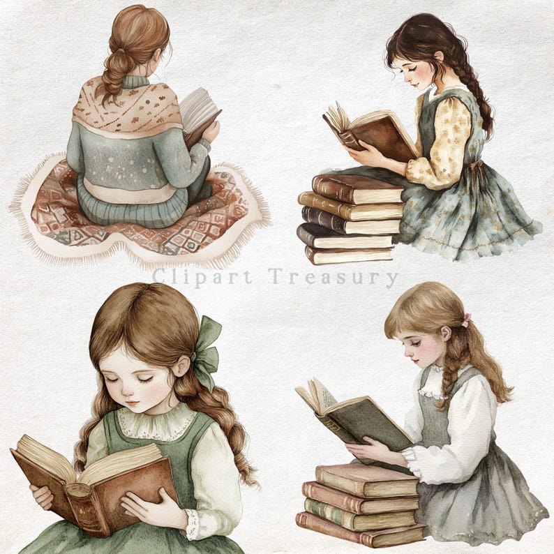 Girls Reading - 10 Watercolor Clipart Set, Reading Girl Clipart, Cute ...