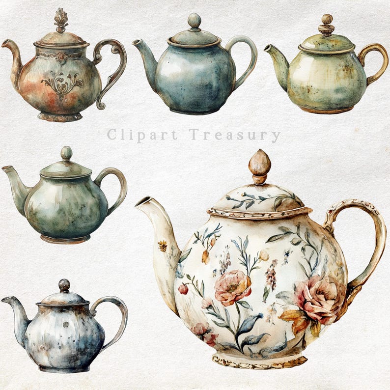 Watercolor Teapot Clipart Set – Vintage Tea Party Illustrations ...