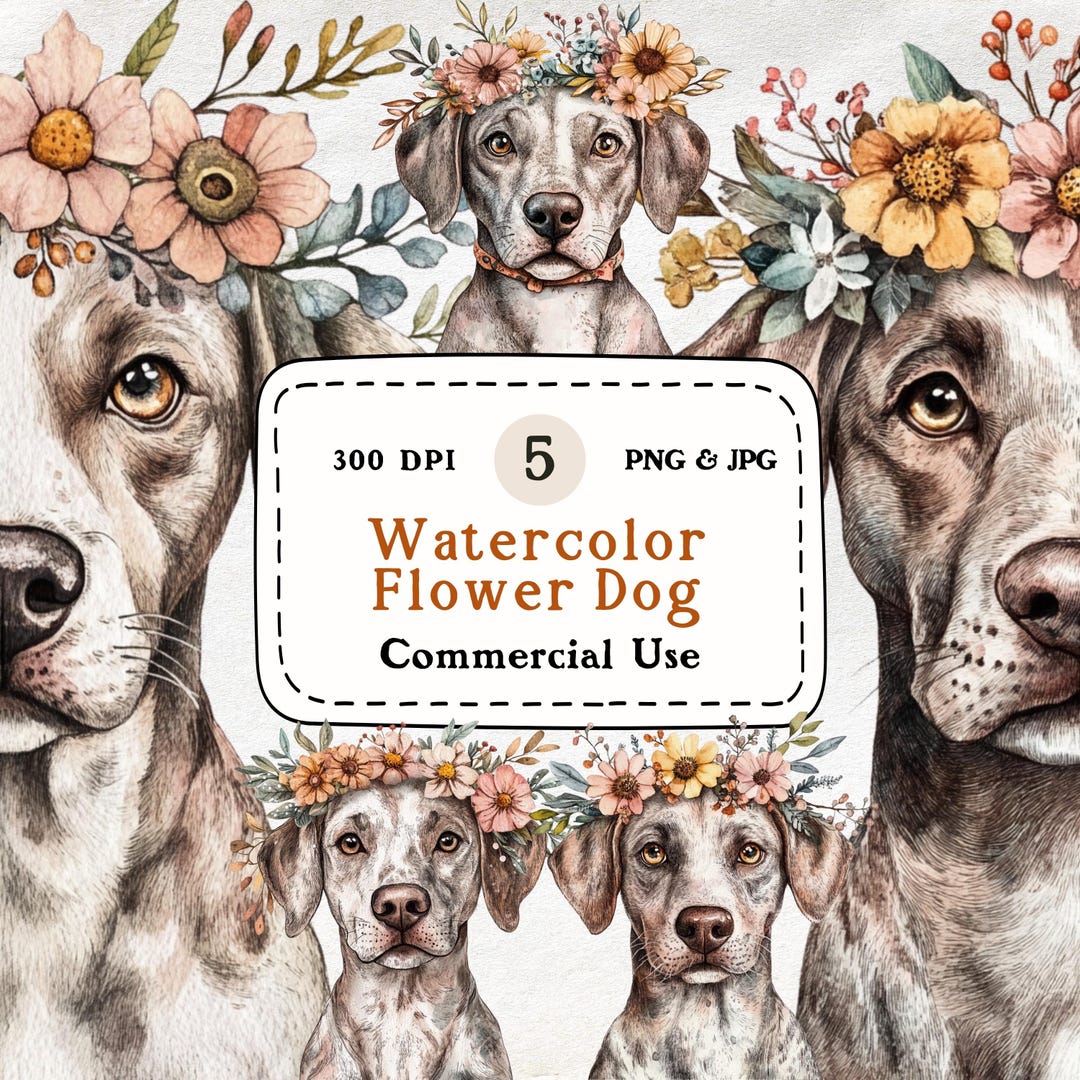 Cute Dog & Flowers - 5 Watercolor Clipart Set, Floral, Whimsical Dog ...