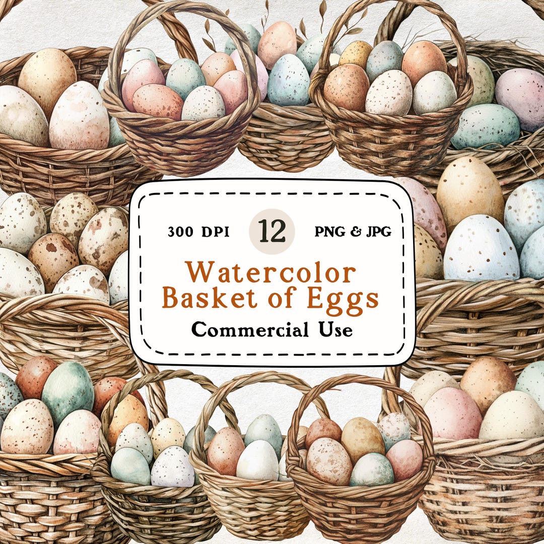 Egg Baskets - 12 Watercolor Clipart Set, Easter Clipart, Baskets of ...