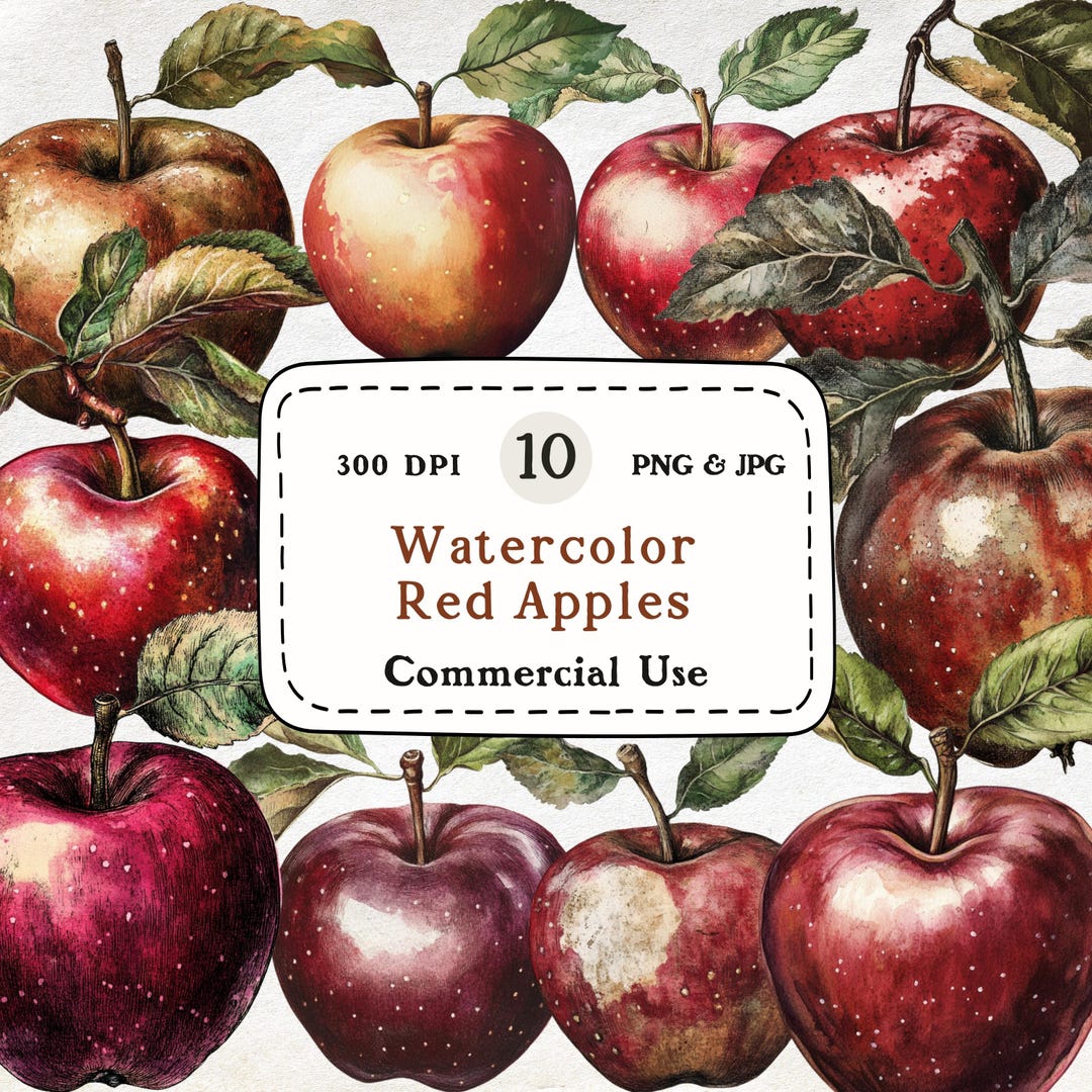 Vintage Red Apple Clipart – 10 Watercolor Fruit Illustrations (digital ...