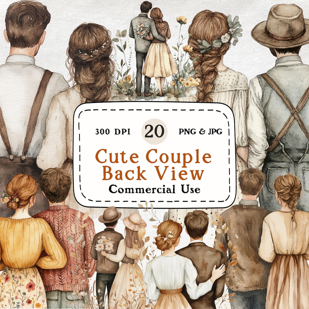 Cute Couple - 20 Watercolor Clipart Set, Back View, Lovers, Romantic ...