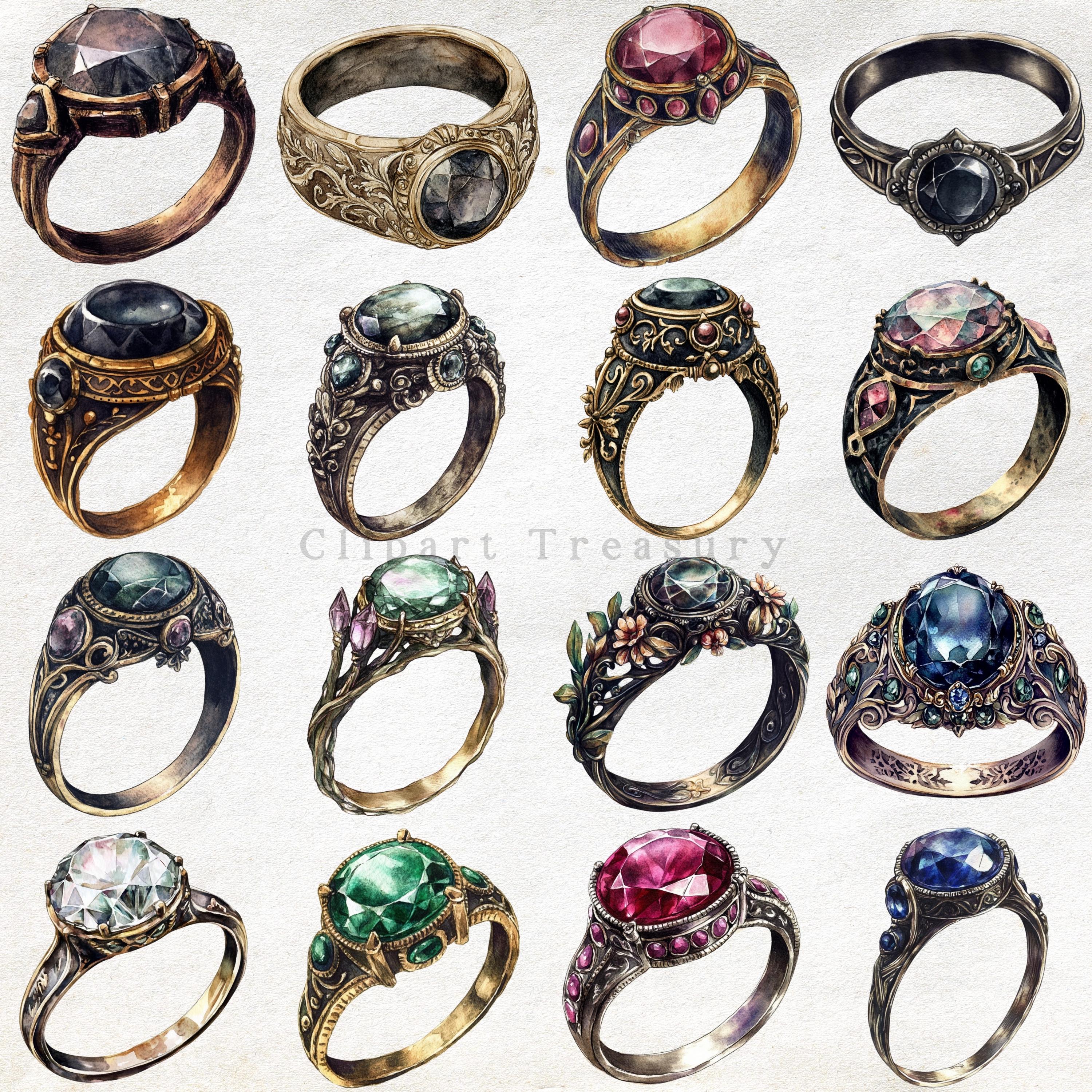 Watercolor Magical Rings Clipart – Fantasy Jewelry Graphics (digital ...