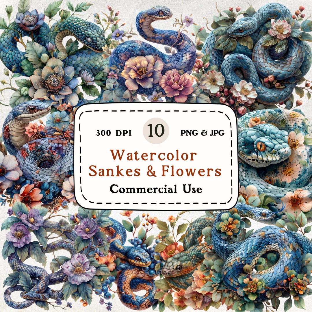 Snakes & Flowers - 10 Watercolor Clipart Set, Floral Serpent, Gothic ...