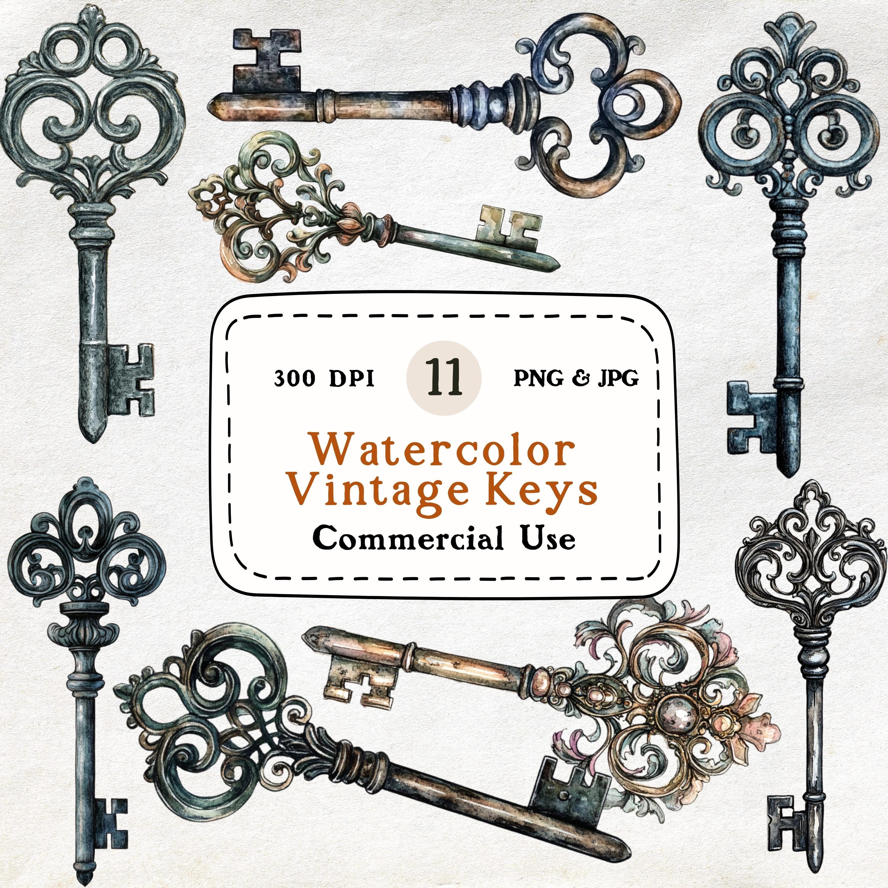 Vintage Keys - 11 Watercolor Clipart Set, Antique Key Illustration ...