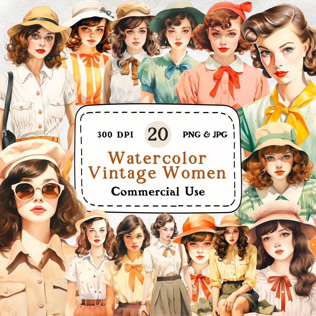 Vintage Women - 20 Watercolor Clipart Set, Vintage Fashion, Cute ...