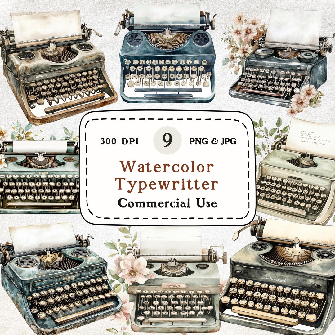 Watercolor Vintage Typewriter Clipart Bundle – Retro Office Art (PNG ...