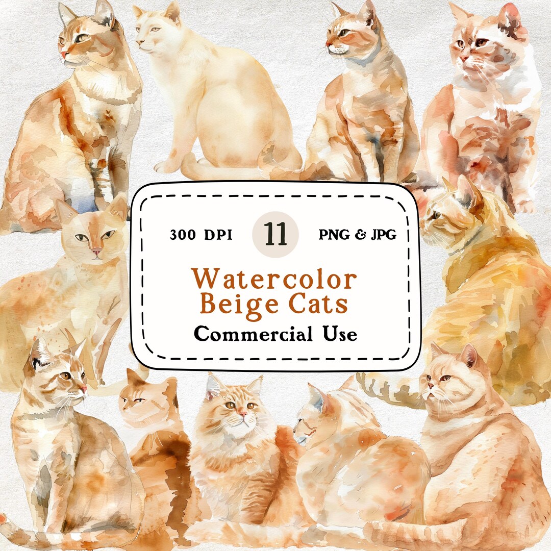 Cute Beige Cats - 11 Watercolor Clipart Set, Cat Clipart, Cat Lover ...