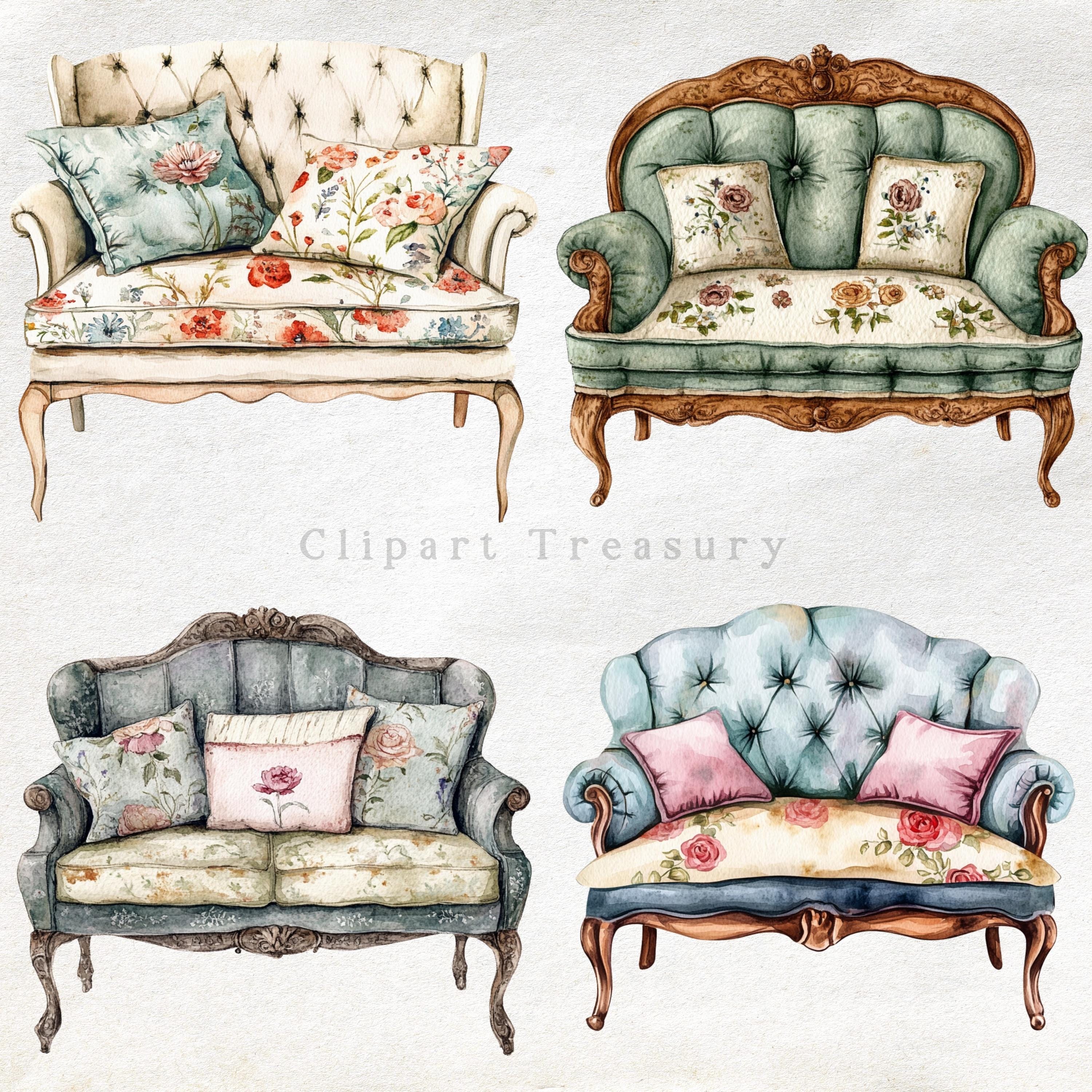 Vintage Sofa - 10 Watercolor Clipart Set, Furniture Clipart, Decor ...