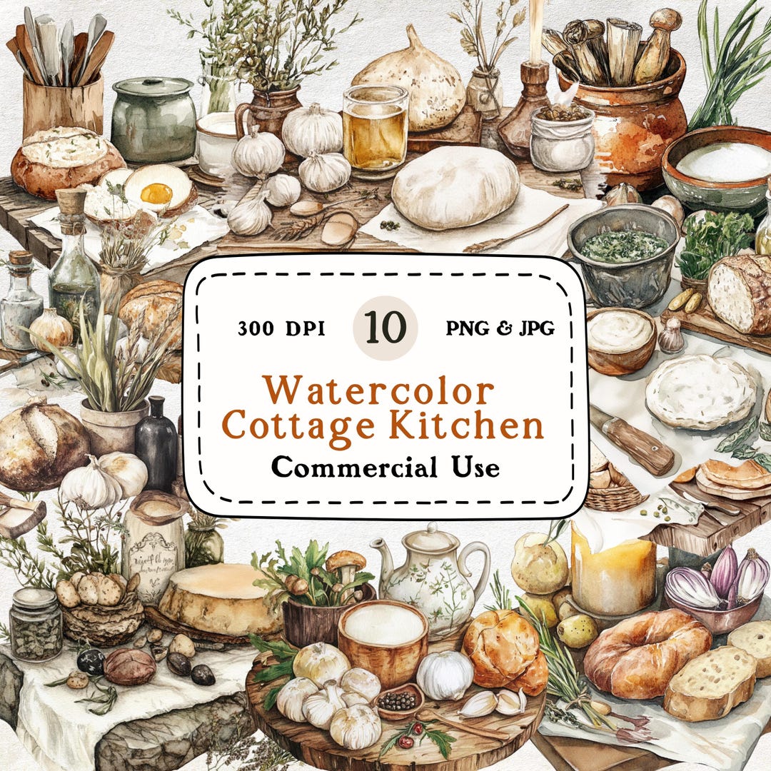 Cottagecore Kitchen - 10 Watercolor Clipart Set, Kitchen Clipart, Food ...