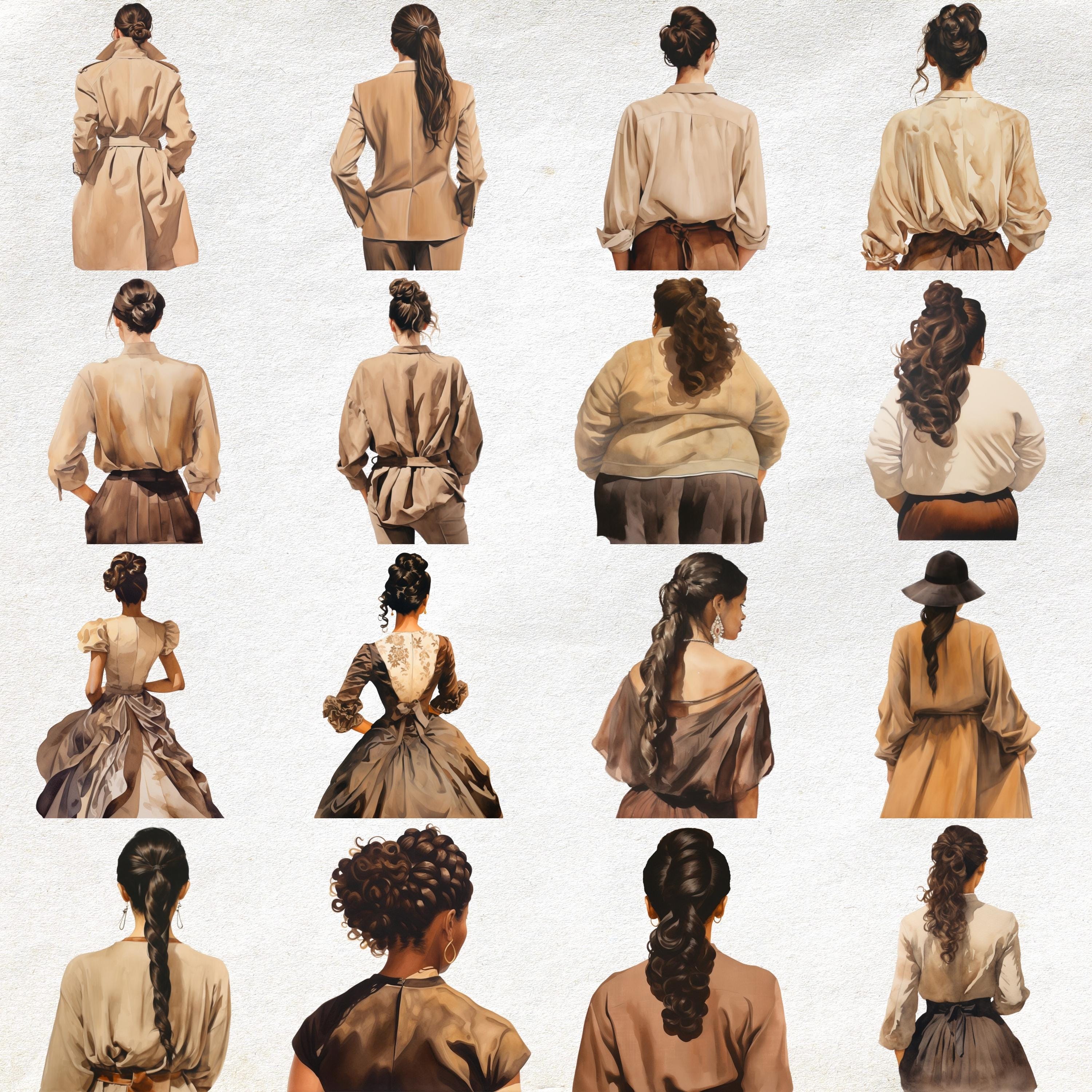 Women Back View - 40 Watercolor Clipart Set, Feminine, Woman Clipart ...