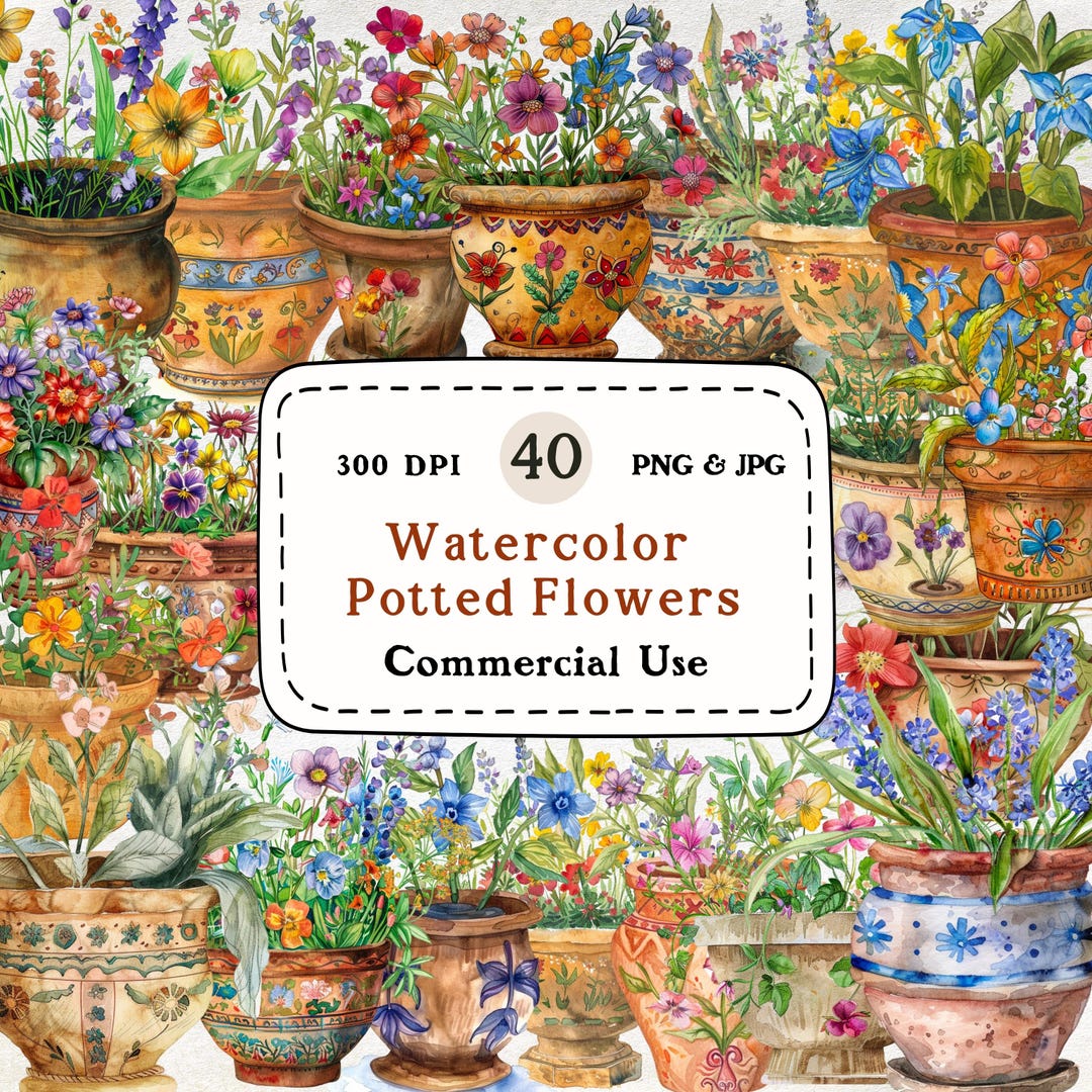 Potted Flowers - 40 Watercolor Clipart Set, Floral Clipart, Flowers in ...
