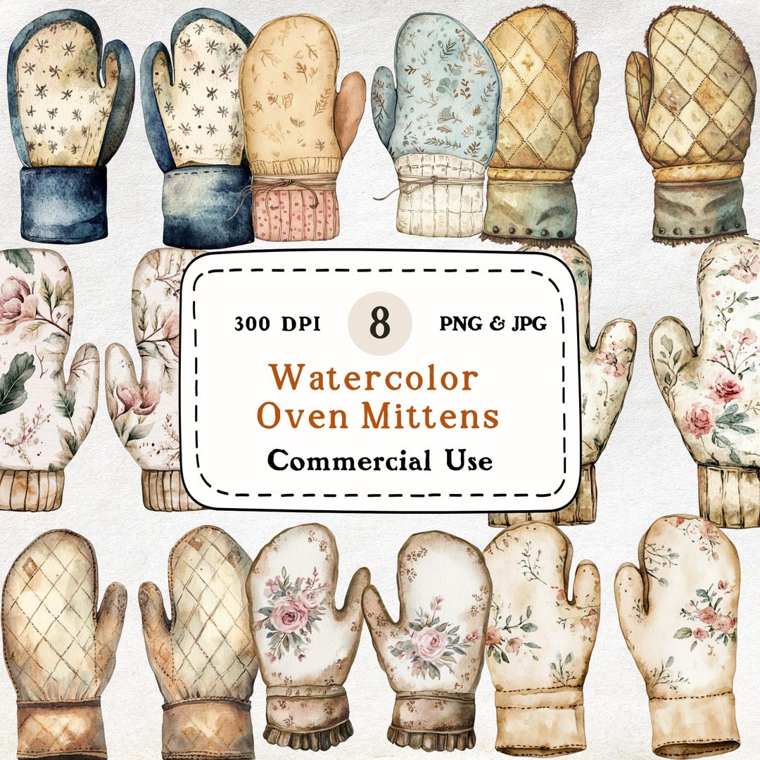 Oven Mittens - 8 Watercolor Clipart Set, Kitchen Clipart, Oven Mitt ...