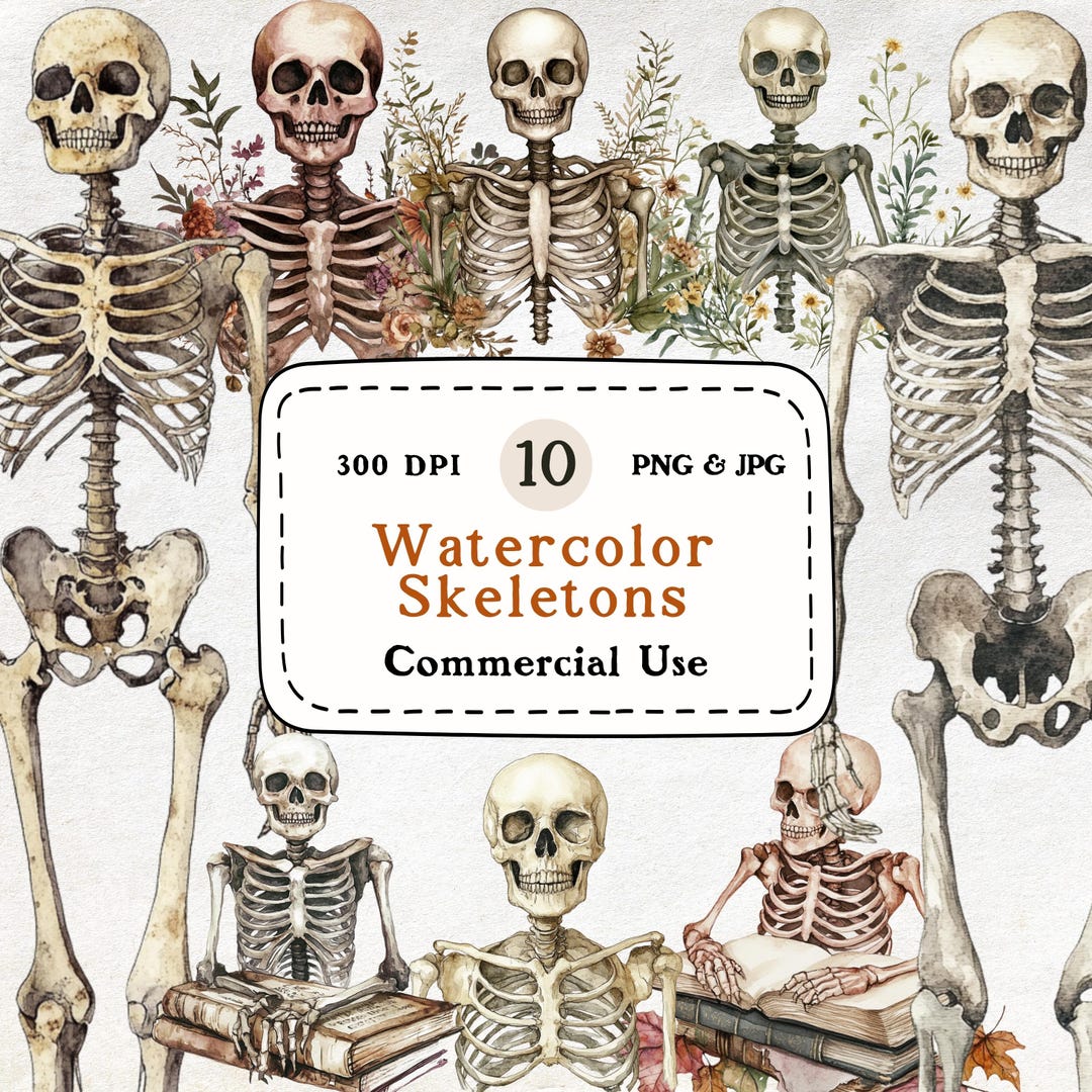 Skeletons - 10 Watercolor Clipart Set, Halloween, Witchcraft, Mystical ...