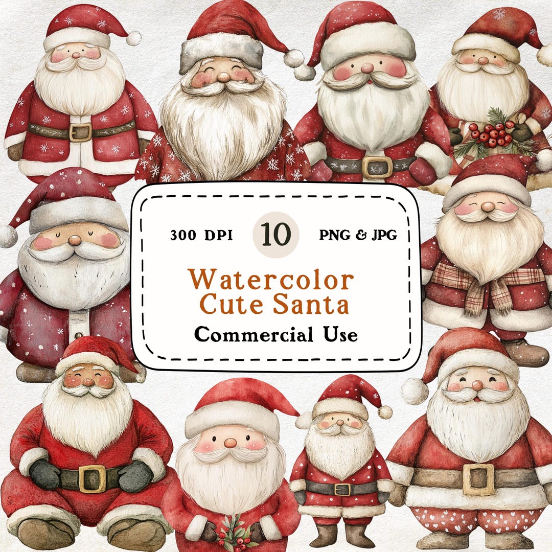 Cute Santa - 10 Watercolor Clipart Set, Cute Santa Clip Art, Winter ...