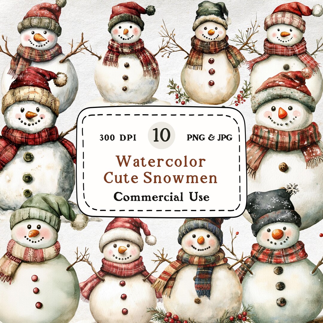 Watercolor Snowman Clipart Set – 10 Cute Winter PNG Illustrations ...