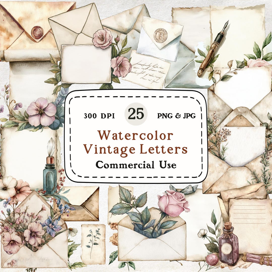 25 Watercolor Vintage Letter Clipart, Antique Envelopes & Papers ...