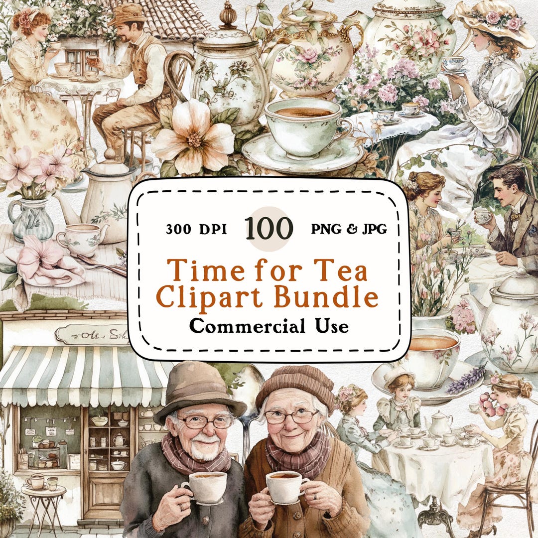 Time for Tea - 100 Watercolor Clipart Set, Tea Time Clipart, Tea Party ...
