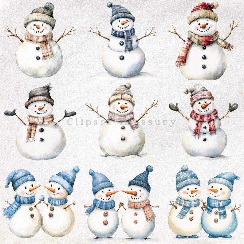 Watercolor Snowmen Clipart Set – Winter Holiday Illustrations (digital ...