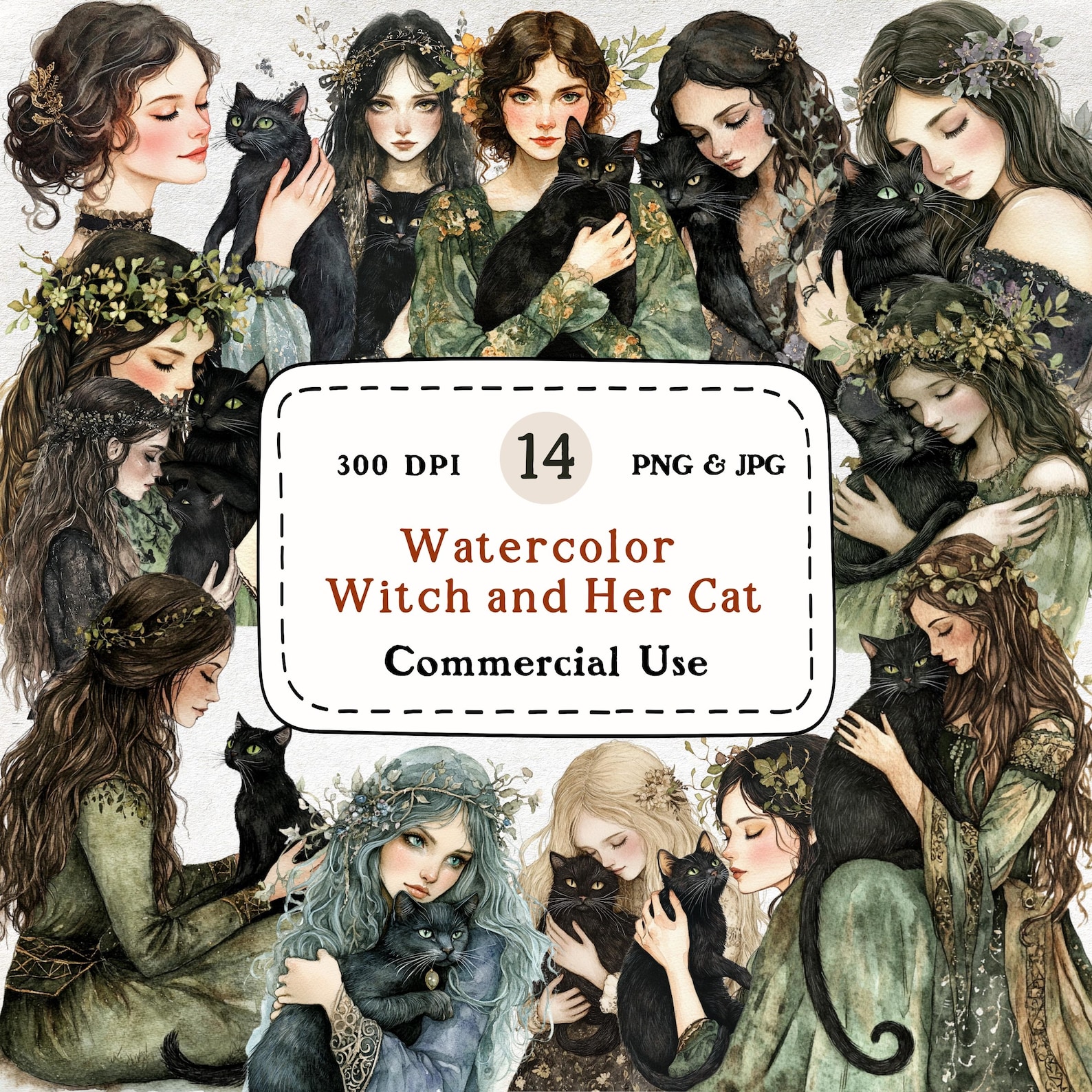 Watercolor Witch Clipart – 14 Mystic Green Witch & Black Cat ...