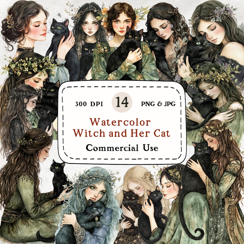Watercolor Witch Clipart – 14 Mystic Green Witch & Black Cat ...