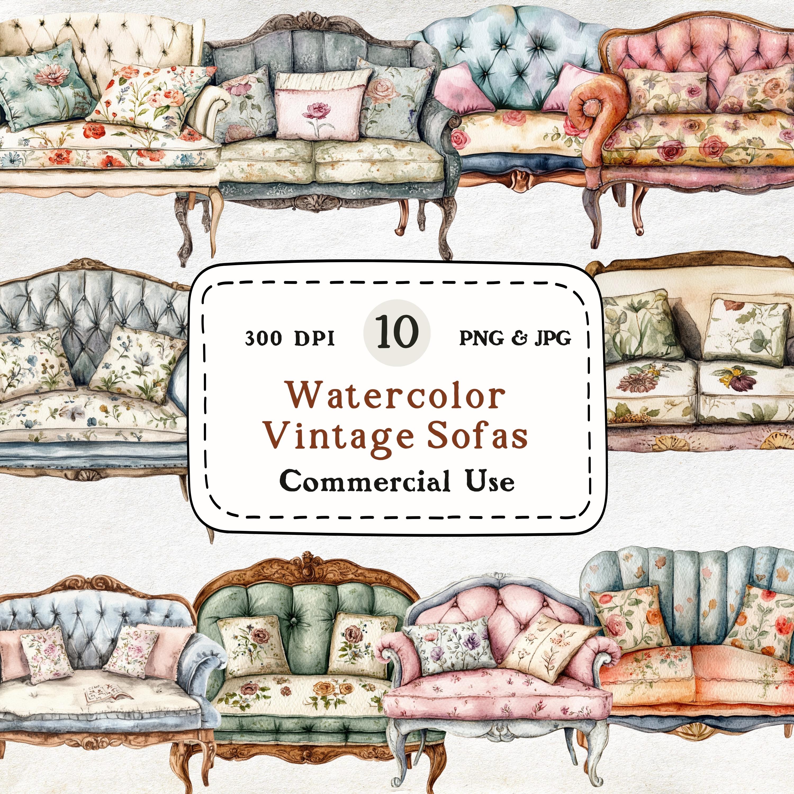 Vintage Sofa - 10 Watercolor Clipart Set, Furniture Clipart, Decor ...