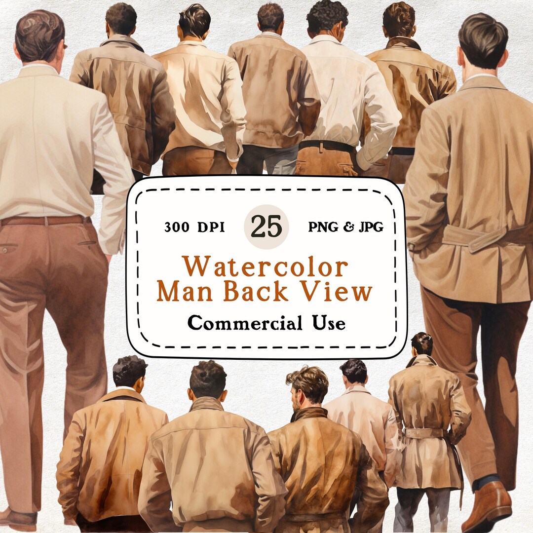 Men Back View - 25 Watercolor Clipart Set, Man Clipart, Beige Colors ...