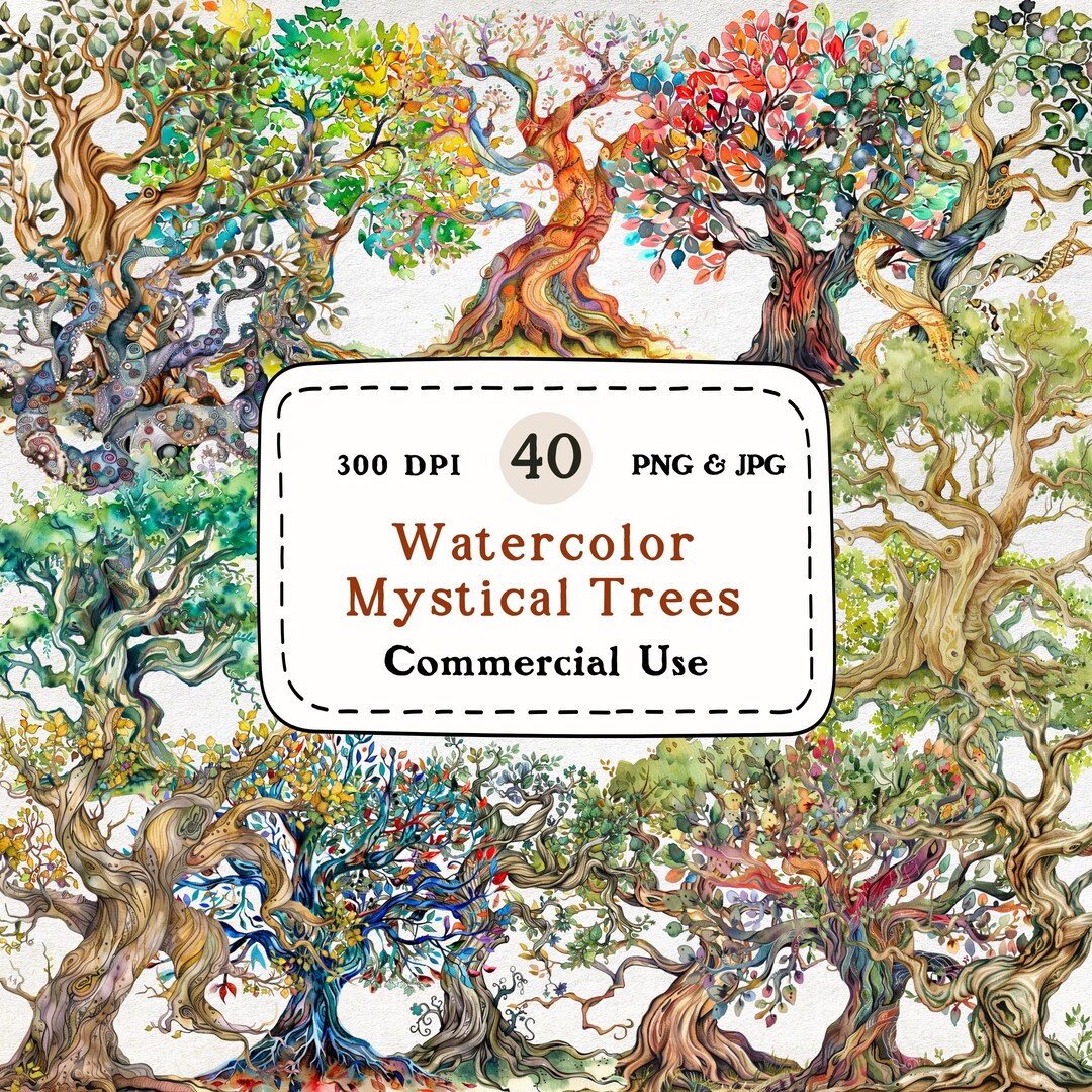 Mystical Trees - 40 Watercolor Clipart Set, Tree Illustration, Nature ...