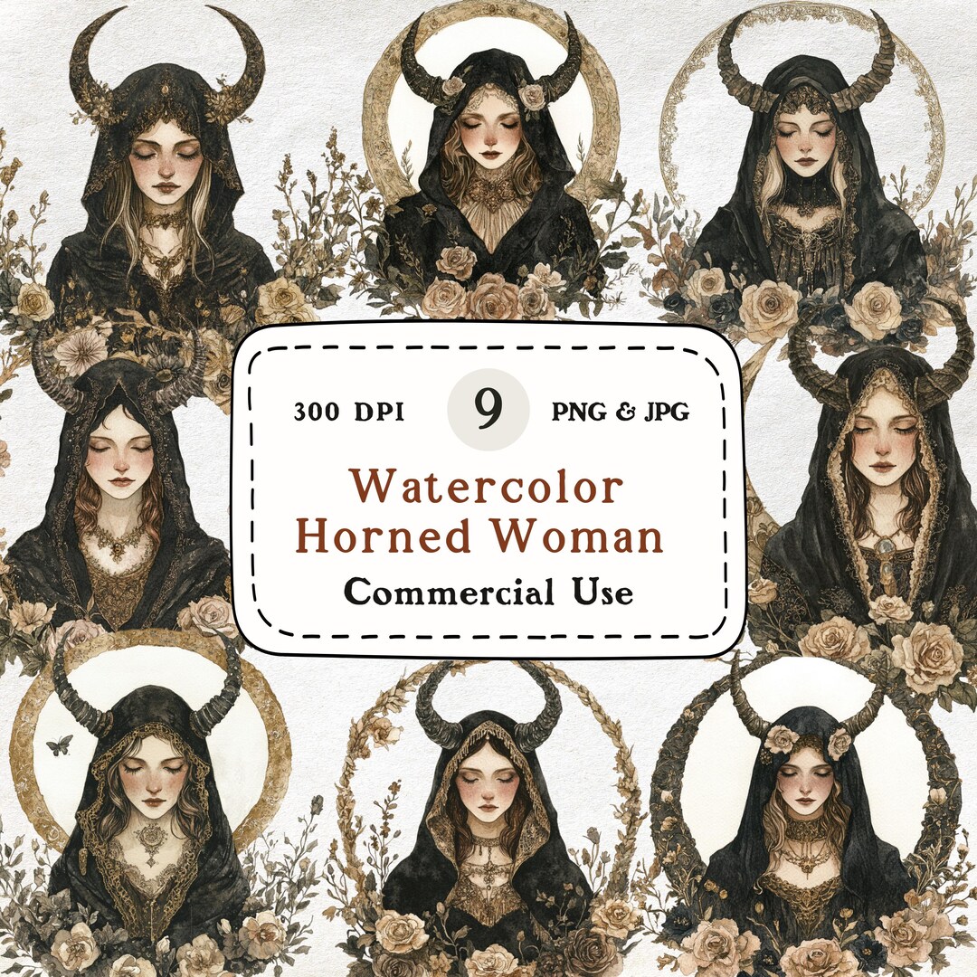 Watercolor Horned Woman Clipart, Dark Goddess Art (commercial Use) - Etsy