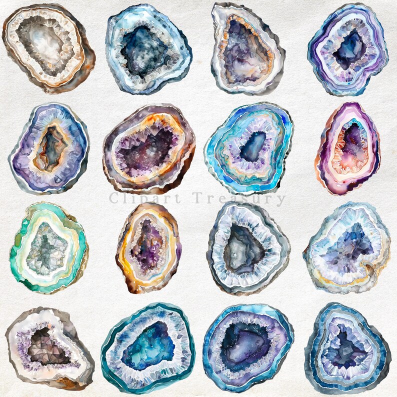 Natural Geodes - 20 Watercolor Clipart Set, Geode Clipart, Crystal PNG ...