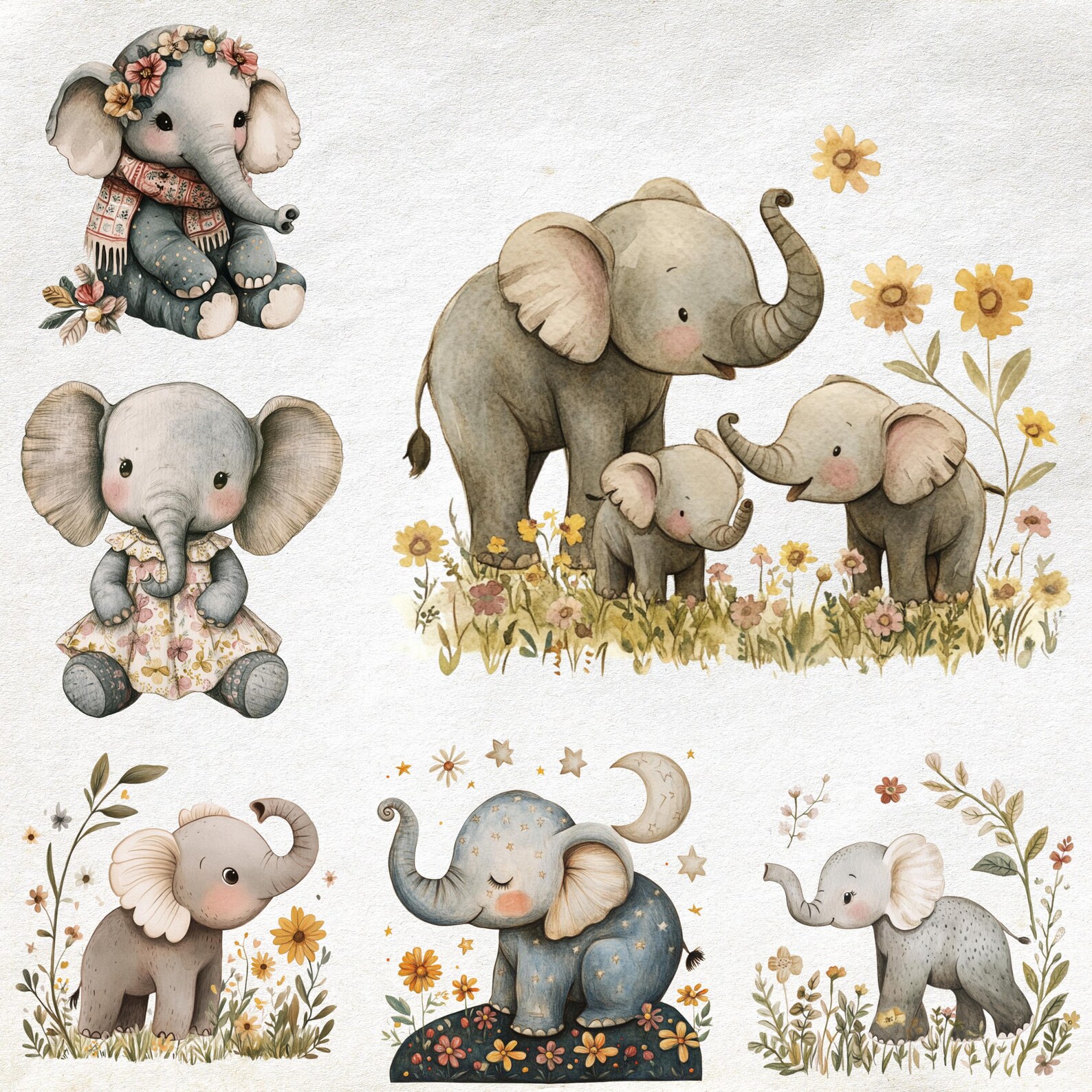 Watercolor Elephant Clipart Set – Whimsical Nursery Art (commercial Use ...