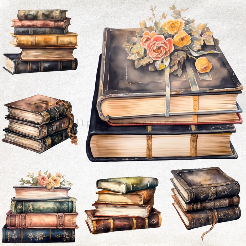 Vintage Books - 15 Watercolor Clipart Set, Old Book, Diary, Library ...
